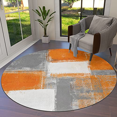 Thanksgiving Rugs Abstract Geometric Graffiti Oil Painting Orange Carpet Non-Slip Area Rug Stain-Proof Accent Area Rug for Bedroom Living Room Home Decoration, 6 Feet Soft Round Carpet Absorbent