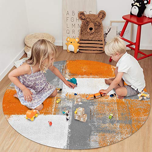 Thanksgiving Rugs Abstract Geometric Graffiti Oil Painting Orange Carpet Non-Slip Area Rug Stain-Proof Accent Area Rug for Bedroom Living Room Home Decoration, 6 Feet Soft Round Carpet Absorbent