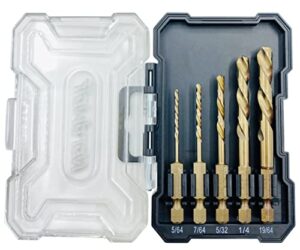 nordwolf 5-piece cobalt alloy steel left hand drill bit set, reverse twist with 1/4" hex shank for screw extractors, sae sizes 5/64"-7/64"-5/32"-1/4"-19/64" in storage box