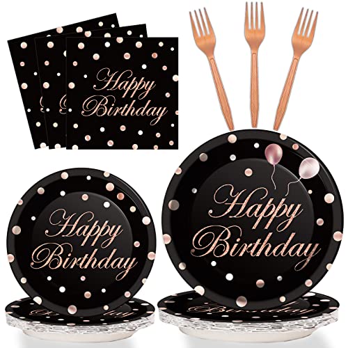 96 Pcs Black Rose Gold Birthday Tableware Set Rose Gold Dinnerware Party Supplies Black Rose Gold Dots Confetti Plates Napkins Happy Birthday Party Decorations for Woman Girls Tableware Kit 24 Guests