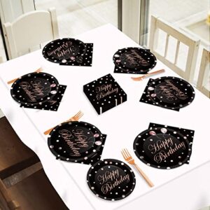 96 Pcs Black Rose Gold Birthday Tableware Set Rose Gold Dinnerware Party Supplies Black Rose Gold Dots Confetti Plates Napkins Happy Birthday Party Decorations for Woman Girls Tableware Kit 24 Guests