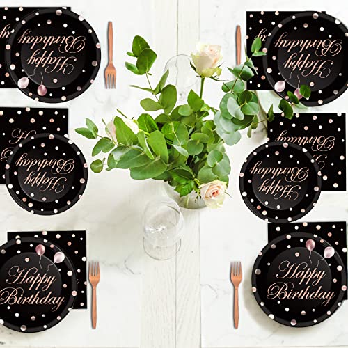 96 Pcs Black Rose Gold Birthday Tableware Set Rose Gold Dinnerware Party Supplies Black Rose Gold Dots Confetti Plates Napkins Happy Birthday Party Decorations for Woman Girls Tableware Kit 24 Guests