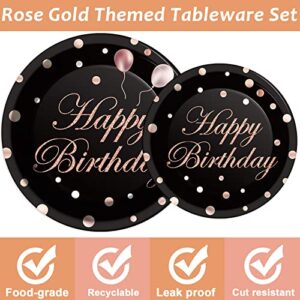 96 Pcs Black Rose Gold Birthday Tableware Set Rose Gold Dinnerware Party Supplies Black Rose Gold Dots Confetti Plates Napkins Happy Birthday Party Decorations for Woman Girls Tableware Kit 24 Guests