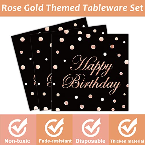 96 Pcs Black Rose Gold Birthday Tableware Set Rose Gold Dinnerware Party Supplies Black Rose Gold Dots Confetti Plates Napkins Happy Birthday Party Decorations for Woman Girls Tableware Kit 24 Guests