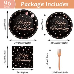 96 Pcs Black Rose Gold Birthday Tableware Set Rose Gold Dinnerware Party Supplies Black Rose Gold Dots Confetti Plates Napkins Happy Birthday Party Decorations for Woman Girls Tableware Kit 24 Guests