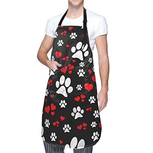 JEKGLEY Dog Paw and Love Chef Apron with 2 Pockets, Adjustable Neck Kitchen Cooking Bbq Bib Aprons for Women Men