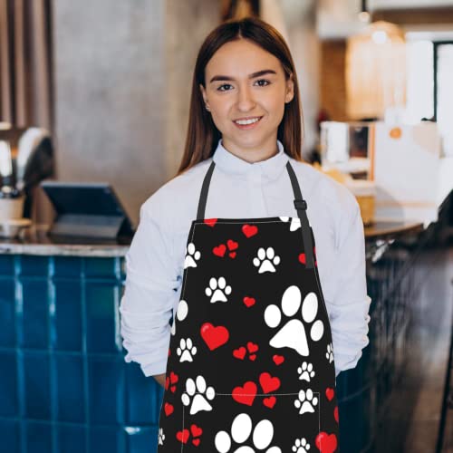 JEKGLEY Dog Paw and Love Chef Apron with 2 Pockets, Adjustable Neck Kitchen Cooking Bbq Bib Aprons for Women Men