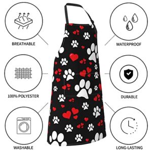 JEKGLEY Dog Paw and Love Chef Apron with 2 Pockets, Adjustable Neck Kitchen Cooking Bbq Bib Aprons for Women Men