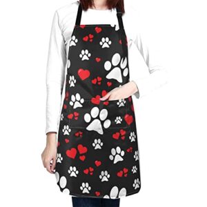 JEKGLEY Dog Paw and Love Chef Apron with 2 Pockets, Adjustable Neck Kitchen Cooking Bbq Bib Aprons for Women Men