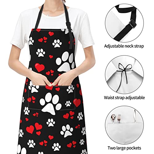 JEKGLEY Dog Paw and Love Chef Apron with 2 Pockets, Adjustable Neck Kitchen Cooking Bbq Bib Aprons for Women Men