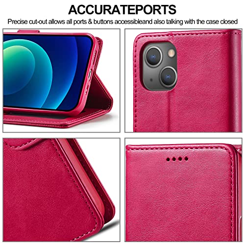 KOBBRAN for iPhone 14 Wallet Case iPhone 13 Case Leather with Credit Card Slots Holder Flip Folio Cover Shockproof Wallet Case for iPhone 14/iPhone 13 Phone Case for Women Men (Rose Red)