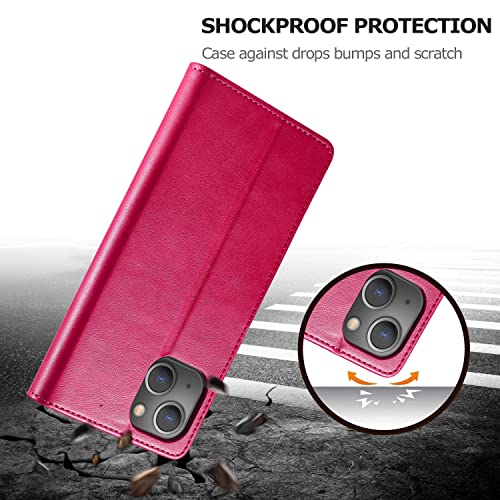 KOBBRAN for iPhone 14 Wallet Case iPhone 13 Case Leather with Credit Card Slots Holder Flip Folio Cover Shockproof Wallet Case for iPhone 14/iPhone 13 Phone Case for Women Men (Rose Red)