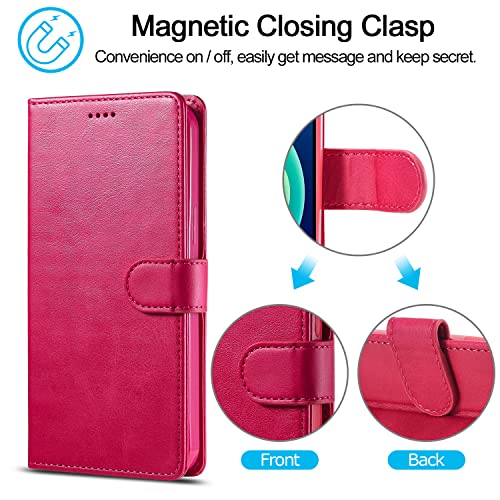 KOBBRAN for iPhone 14 Wallet Case iPhone 13 Case Leather with Credit Card Slots Holder Flip Folio Cover Shockproof Wallet Case for iPhone 14/iPhone 13 Phone Case for Women Men (Rose Red)