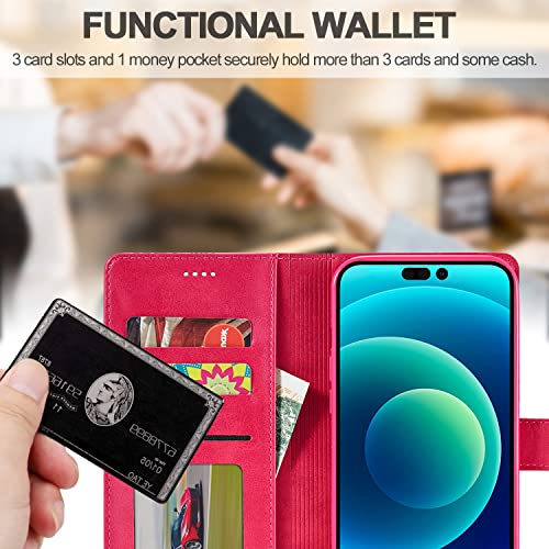 KOBBRAN for iPhone 14 Wallet Case iPhone 13 Case Leather with Credit Card Slots Holder Flip Folio Cover Shockproof Wallet Case for iPhone 14/iPhone 13 Phone Case for Women Men (Rose Red)