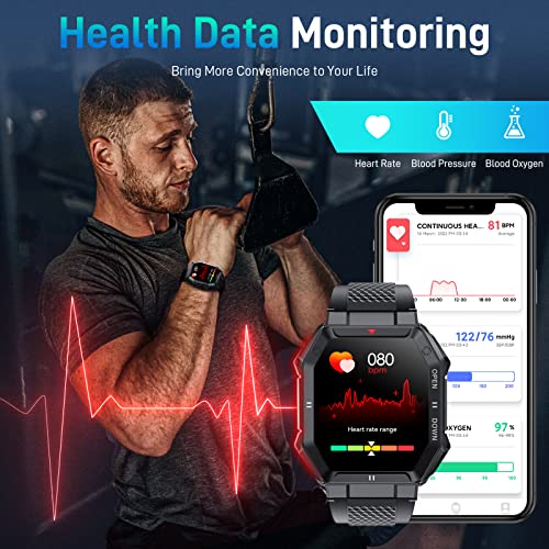 Military Smart Watch for Men (Answer/Make Call), 1.85 Inches HD Outdoor Tactical Sports Rugged Smartwatch, Fitness Tracker Watch with Heart Rate Blood Pressure Sleep Monitor for iPhone Android Phone