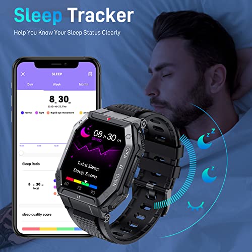 Military Smart Watch for Men (Answer/Make Call), 1.85 Inches HD Outdoor Tactical Sports Rugged Smartwatch, Fitness Tracker Watch with Heart Rate Blood Pressure Sleep Monitor for iPhone Android Phone