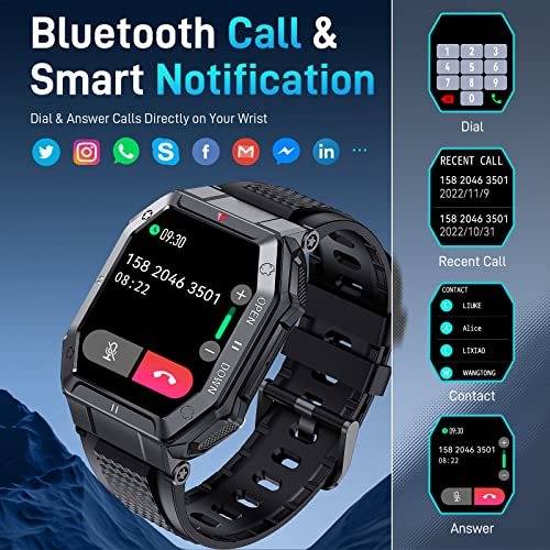 Military Smart Watch for Men (Answer/Make Call), 1.85 Inches HD Outdoor Tactical Sports Rugged Smartwatch, Fitness Tracker Watch with Heart Rate Blood Pressure Sleep Monitor for iPhone Android Phone