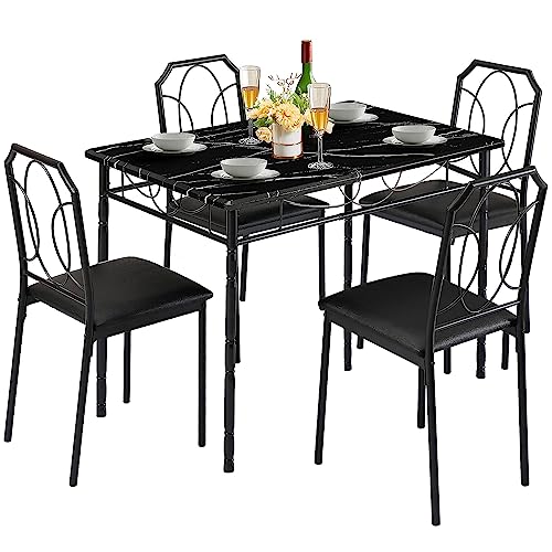 VECELO 5 Pieces Sets,43.3" Table&Chairs for 4,Industrial Counter Height Tabletop with Bar Stools, Rectangle Breakfast Table and Chairs for Dining, Living Room, Apartment, Black