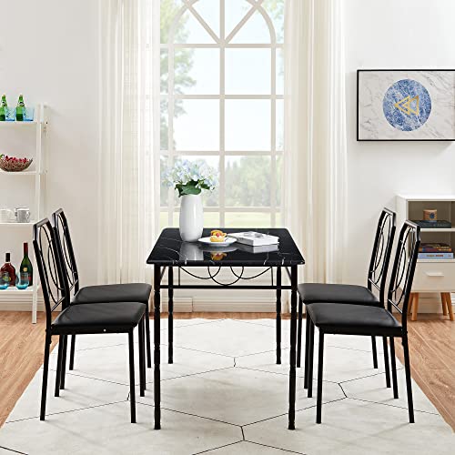 VECELO 5 Pieces Sets,43.3" Table&Chairs for 4,Industrial Counter Height Tabletop with Bar Stools, Rectangle Breakfast Table and Chairs for Dining, Living Room, Apartment, Black