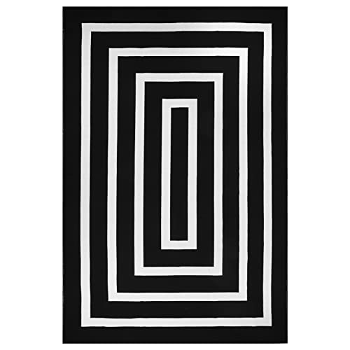 Lanffia Black and White Area Rug 6x9ft Contrasting Geometric Modern Stripe Symmetrical Indoor Outdoor Rug Machine Washable Extra Large Rugs Woven Cotton Floor Carpet for Living Room/Balcony/Backyard