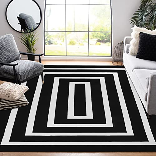 Lanffia Black and White Area Rug 6x9ft Contrasting Geometric Modern Stripe Symmetrical Indoor Outdoor Rug Machine Washable Extra Large Rugs Woven Cotton Floor Carpet for Living Room/Balcony/Backyard