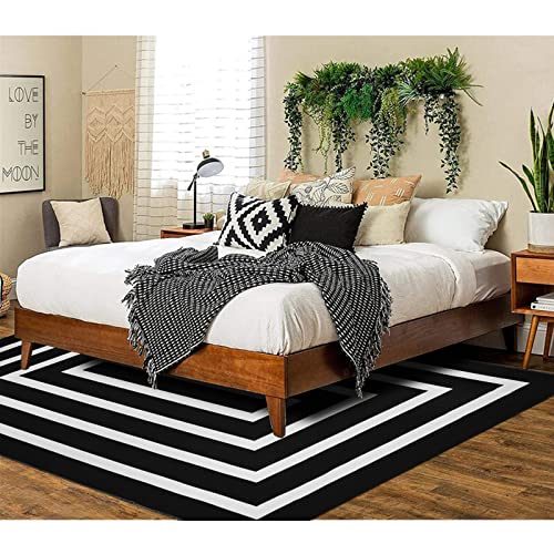 Lanffia Black and White Area Rug 6x9ft Contrasting Geometric Modern Stripe Symmetrical Indoor Outdoor Rug Machine Washable Extra Large Rugs Woven Cotton Floor Carpet for Living Room/Balcony/Backyard