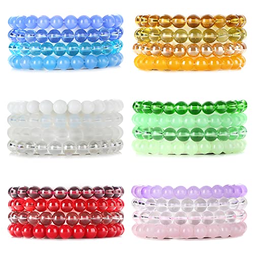 JEWPARK 24Pcs 8mm Beaded Stretch Bracelet Handmade Round Glass Bracelet for Women Girl Multicolor Matte Beads Elastic Bracelet Shining Beads Wristband Valentines Jewelry