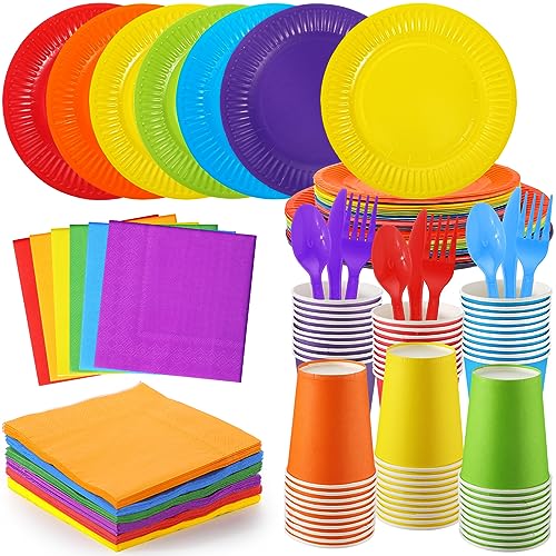 420 Pieces Rainbow Disposable Dinnerware Tableware Set 7 9 Inch Colorful Party Paper Plates Paper Cups Napkins Spoons Forks Knives Complete Party Pack for Birthday Neon Fiesta Party Supplies