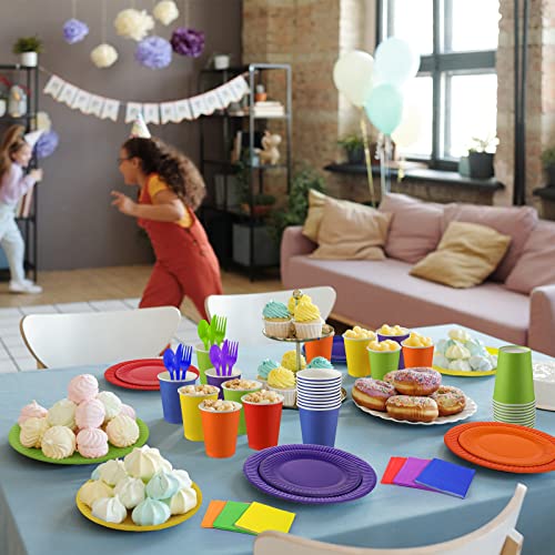 420 Pieces Rainbow Disposable Dinnerware Tableware Set 7 9 Inch Colorful Party Paper Plates Paper Cups Napkins Spoons Forks Knives Complete Party Pack for Birthday Neon Fiesta Party Supplies