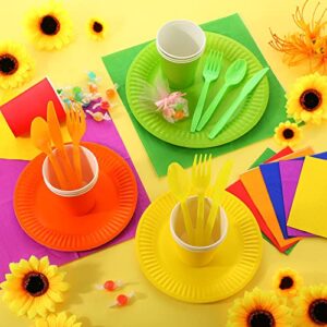 420 Pieces Rainbow Disposable Dinnerware Tableware Set 7 9 Inch Colorful Party Paper Plates Paper Cups Napkins Spoons Forks Knives Complete Party Pack for Birthday Neon Fiesta Party Supplies