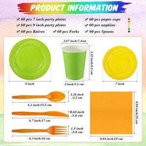 420 Pieces Rainbow Disposable Dinnerware Tableware Set 7 9 Inch Colorful Party Paper Plates Paper Cups Napkins Spoons Forks Knives Complete Party Pack for Birthday Neon Fiesta Party Supplies