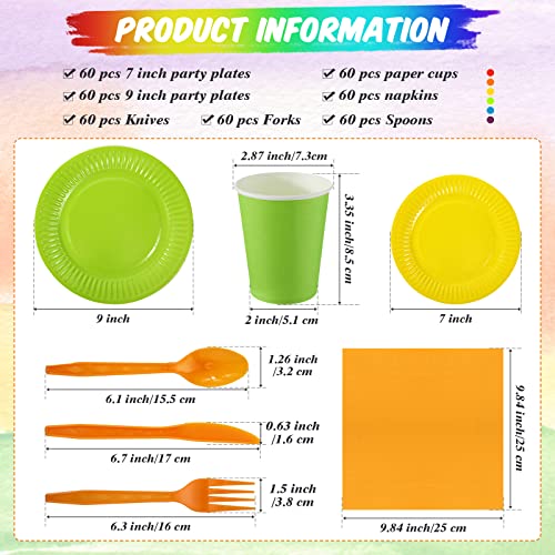 420 Pieces Rainbow Disposable Dinnerware Tableware Set 7 9 Inch Colorful Party Paper Plates Paper Cups Napkins Spoons Forks Knives Complete Party Pack for Birthday Neon Fiesta Party Supplies