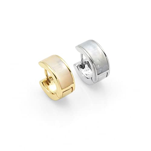 Gold Silver Mother of Pearl Huggie Earrings (Gold)