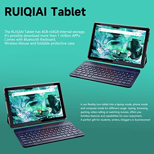 2 in 1 Tablet 10 Inch, Android 11.0 Tablet with Keyboard Case, 4GB+64GB ROM/512GB Computer Tablets, Quad Core, HD Touch Screen, Dual Carema, Games, Wi-Fi，BT, Google GMS Certified Tablet PC