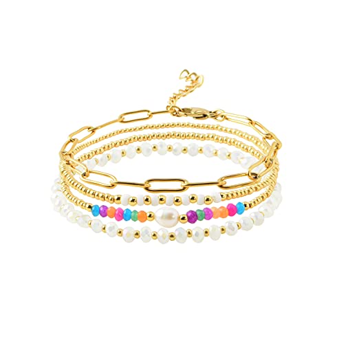 Dainty Gold Pearl Crystal Beaded Bracelets Set for Women 14K Real Gold Plated Bead Pearl Crystal Beads Bracelet Stake Paperclip Link Chain Bracelets Gold Bracelets for Women Trendy Jewelry (Style1)