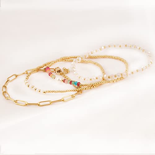 Dainty Gold Pearl Crystal Beaded Bracelets Set for Women 14K Real Gold Plated Bead Pearl Crystal Beads Bracelet Stake Paperclip Link Chain Bracelets Gold Bracelets for Women Trendy Jewelry (Style1)