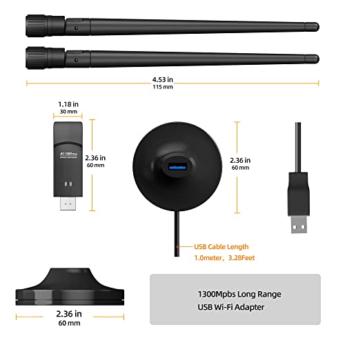 L-Link 1300Mbps Long Range USB WiFi Adapter for PC: Desktop Laptop of Windows 11/10/8.1/8/7, USB Wireless Adapter Dual Band 2.4GHz 400Mbps + 5.8GHz 867Mbps, 2X 5dBi High Gain Antennas, USB 3.0 Cradle