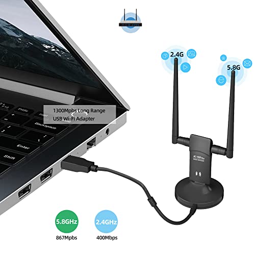 L-Link 1300Mbps Long Range USB WiFi Adapter for PC: Desktop Laptop of Windows 11/10/8.1/8/7, USB Wireless Adapter Dual Band 2.4GHz 400Mbps + 5.8GHz 867Mbps, 2X 5dBi High Gain Antennas, USB 3.0 Cradle