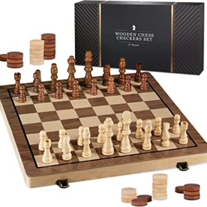 15" Wooden Chess Sets - Chess & Checkers Board Game | with 2 Extra Queens | Wooden Chess Set | Chess Board Set | Chess Sets for Adults | Chess Sets for Adults & Kids | Checkers Game for Kids & Adults