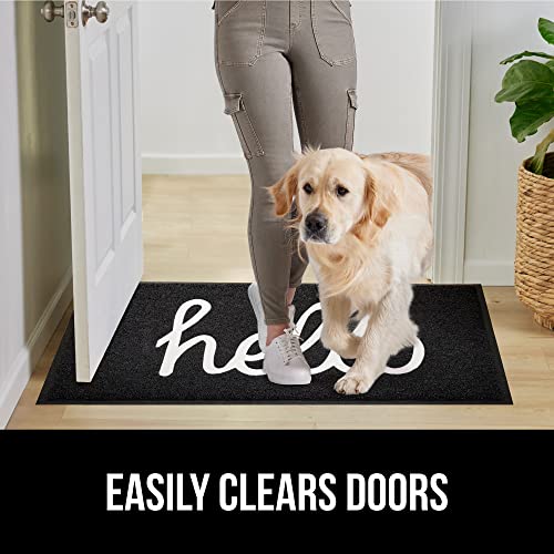 Gorilla Grip Dirt Grabber Hello Mesh Doormat, Waterproof All Weather Welcome Mat, Low Profile Entryway Mats for Home, Indoor Outdoor Front Entrance and Back Sliding Door, Washable, 30x17, Black/White