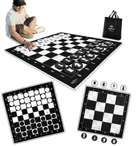 swooc games - 3-in-1 giant checkers, chess, & chess tac toe game with mat (4ft x 4ft) - machine-washable canvas & 5" big foam discs - giant chess set outdoor & checkers board game for adults & kids