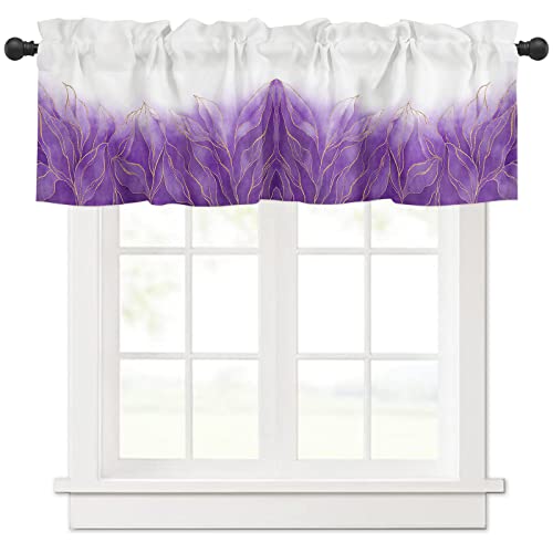 Kitchen Valance for Windows Rod Pocket Curtain Valances Purple Gradient Abstract Leaf Gold Edge White Back Privacy Short Curtains Panels Window Treatment for Bathroom Ombre Geometric Art 54x18in