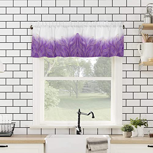 Kitchen Valance for Windows Rod Pocket Curtain Valances Purple Gradient Abstract Leaf Gold Edge White Back Privacy Short Curtains Panels Window Treatment for Bathroom Ombre Geometric Art 54x18in