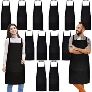 dwrttow 12 pack bib apron,black aprons bulk,unisex black plain aprons with 2 pockets,blank apron with long ties for adults cooking painting bbq grilling baking machine washable,32 x 28 inch