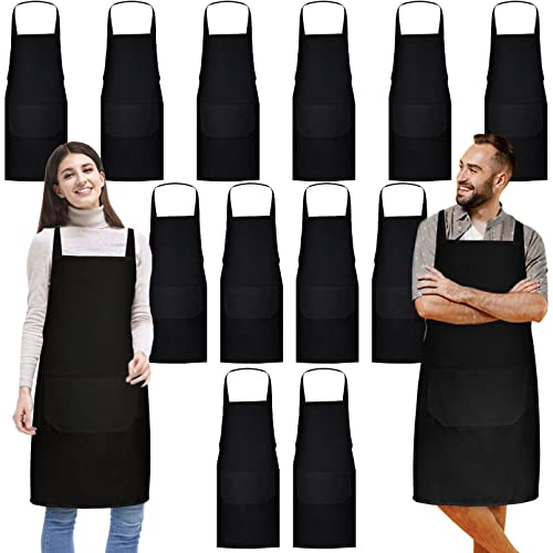 Dwrttow 12 Pack Bib Apron,Black Aprons Bulk,Unisex Black Plain Aprons with 2 Pockets,Blank Apron with Long Ties for Adults Cooking Painting BBQ Grilling Baking Machine Washable,32 x 28 Inch