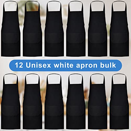 Dwrttow 12 Pack Bib Apron,Black Aprons Bulk,Unisex Black Plain Aprons with 2 Pockets,Blank Apron with Long Ties for Adults Cooking Painting BBQ Grilling Baking Machine Washable,32 x 28 Inch