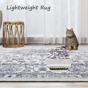 Area Rug Living Room Rugs: 8x10 Oriental Persian Floral Distressed Carpet Large Machine Washable Indoor Non Slip Carpets for Under Dining Table Farmhouse Bedroom Nursery Home Office Grey Blue