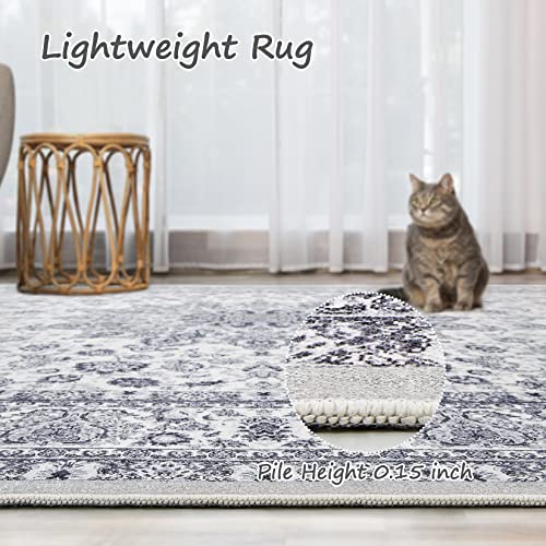 Area Rug Living Room Rugs: 8x10 Oriental Persian Floral Distressed Carpet Large Machine Washable Indoor Non Slip Carpets for Under Dining Table Farmhouse Bedroom Nursery Home Office Grey Blue