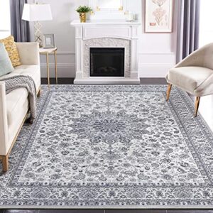 Area Rug Living Room Rugs: 8x10 Oriental Persian Floral Distressed Carpet Large Machine Washable Indoor Non Slip Carpets for Under Dining Table Farmhouse Bedroom Nursery Home Office Grey Blue