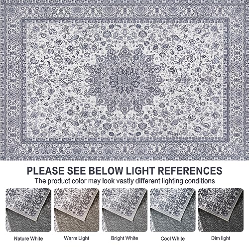 Area Rug Living Room Rugs: 8x10 Oriental Persian Floral Distressed Carpet Large Machine Washable Indoor Non Slip Carpets for Under Dining Table Farmhouse Bedroom Nursery Home Office Grey Blue